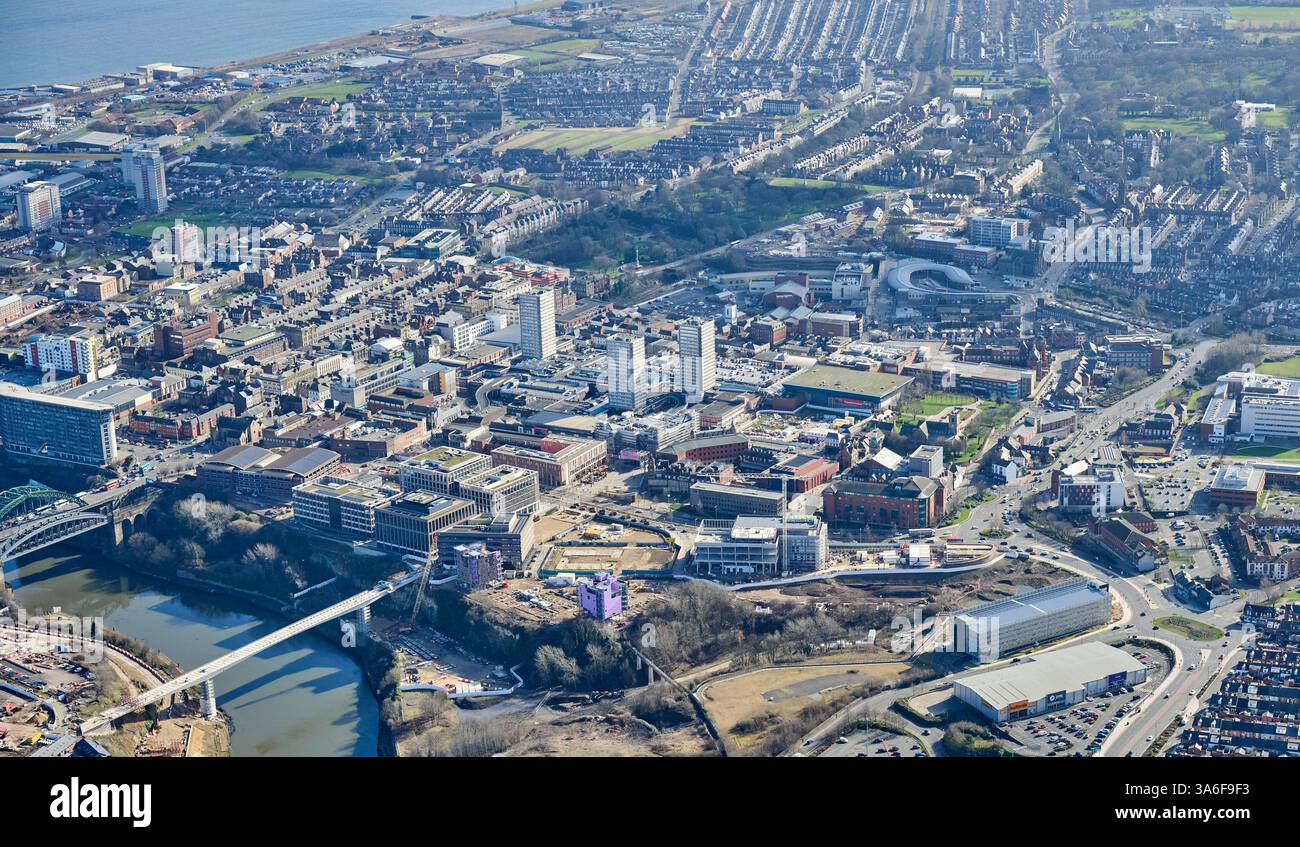 An aerial view of the city of Sunderland, showing the River Wear and ...