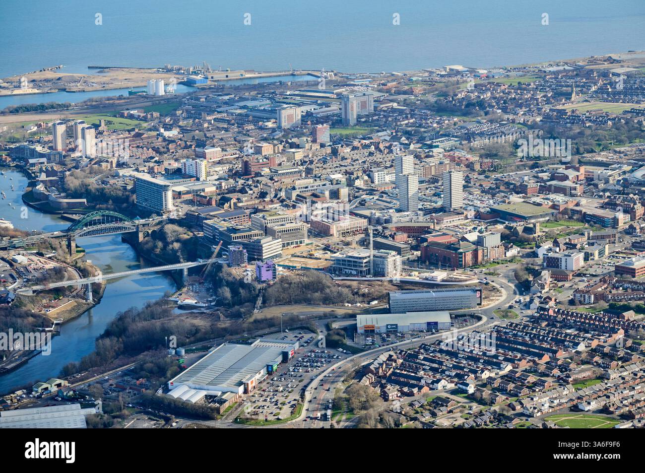 An aerial view of the city of Sunderland, showing the River Wear and ...