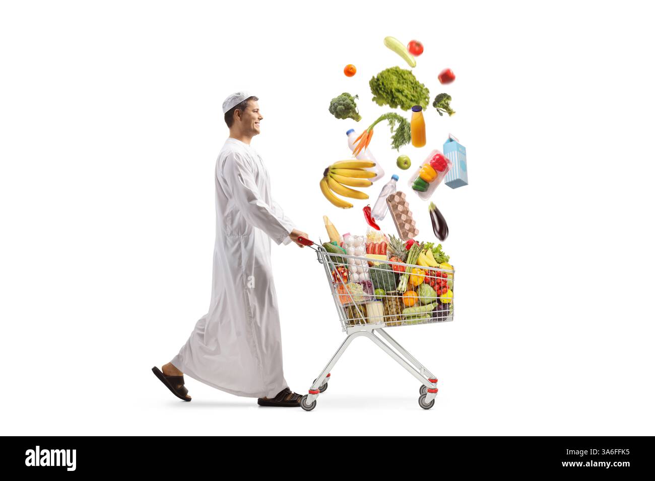 Middle eastern man pushing a shopping cart with falling food assortment ...