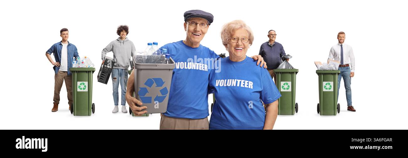 Senior volunteers with a recycle bin for plastic bottlesand people ...