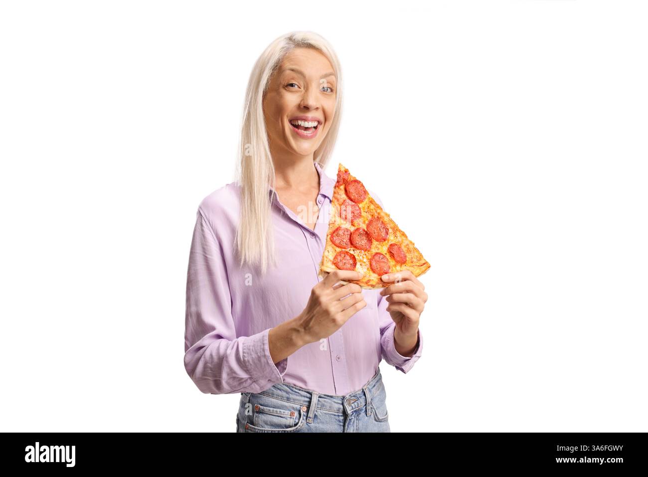 Happy slim woman eating pepperoni pizza isolated on white background ...