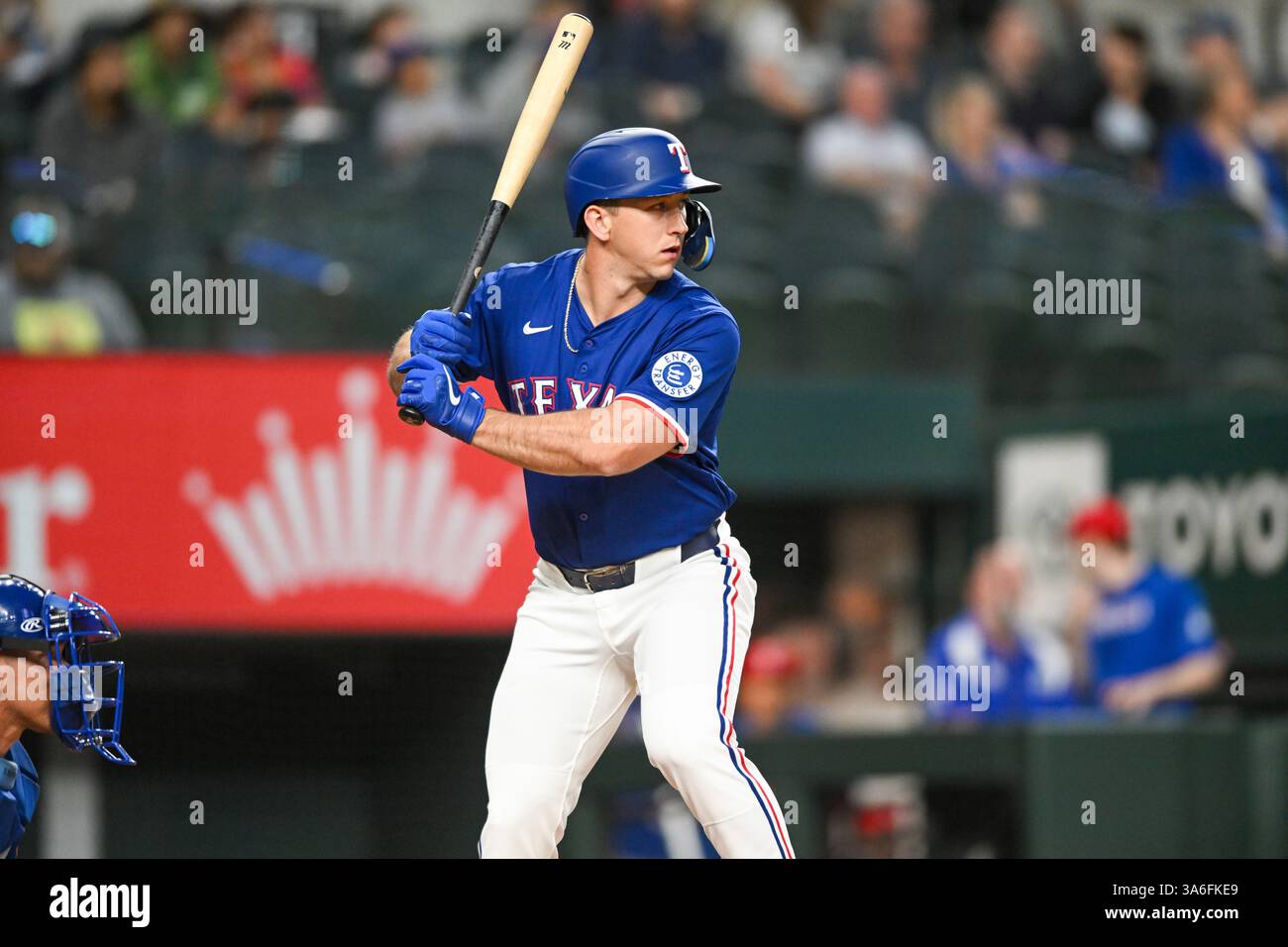 Texas Rangers' Wyatt Langford at bat in an exhibition baseball game ...
