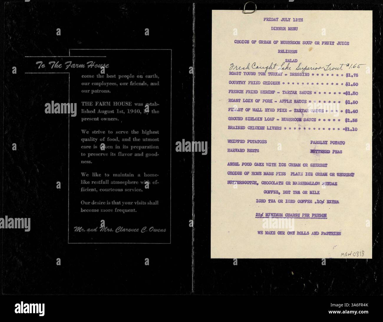 The 1928 Owen's Farm House Dinner Menu provides insight into restaurant ...