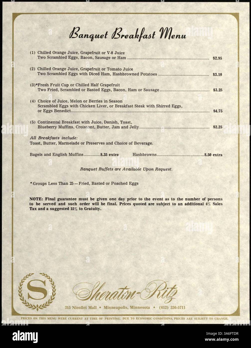 This single-sided menu from the Sheraton-Ritz Hotel features a gold ...
