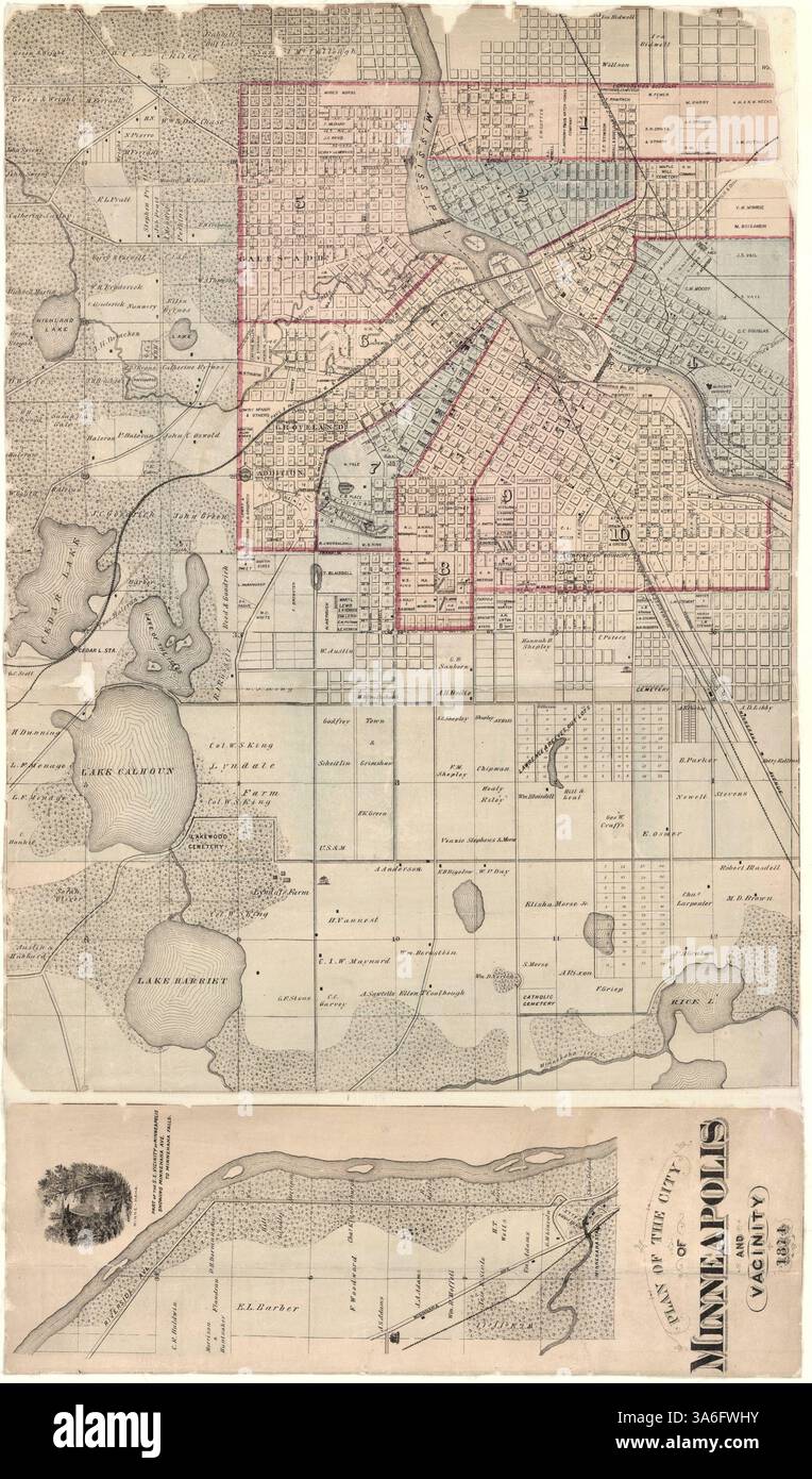 This 1874 map of Minneapolis and its surrounding areas shows street ...