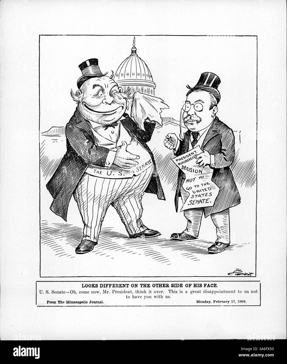 A political cartoon shows a U.S. Senator smiling with one side of his ...