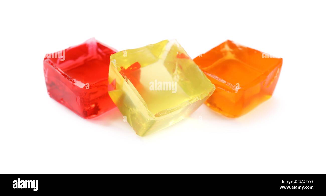 Different tasty jelly cubes isolated on white Stock Photo - Alamy