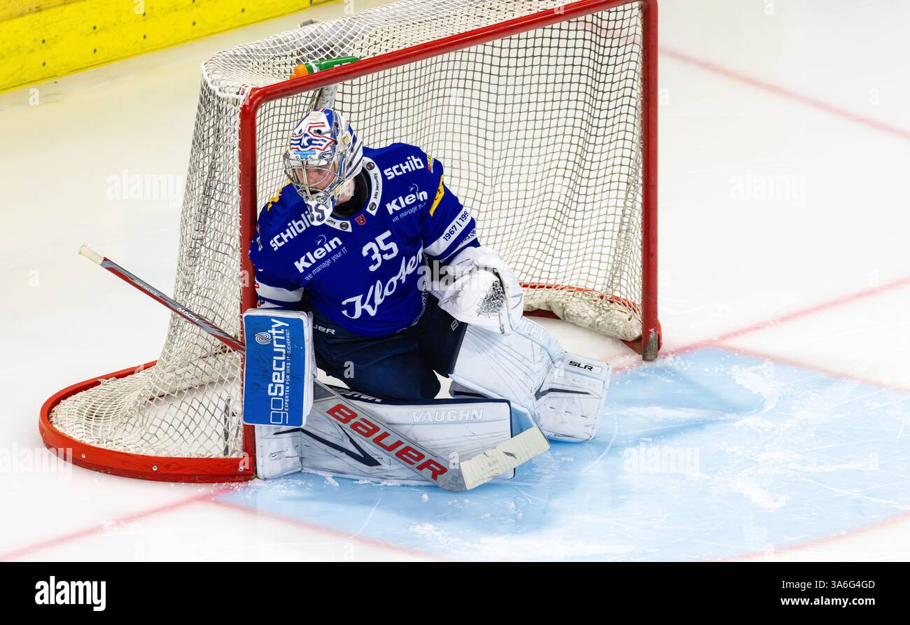 Kloten, Switzerland, 10th Mar 2025: #35 Ludovic Waeber, goalkeeper EHC ...
