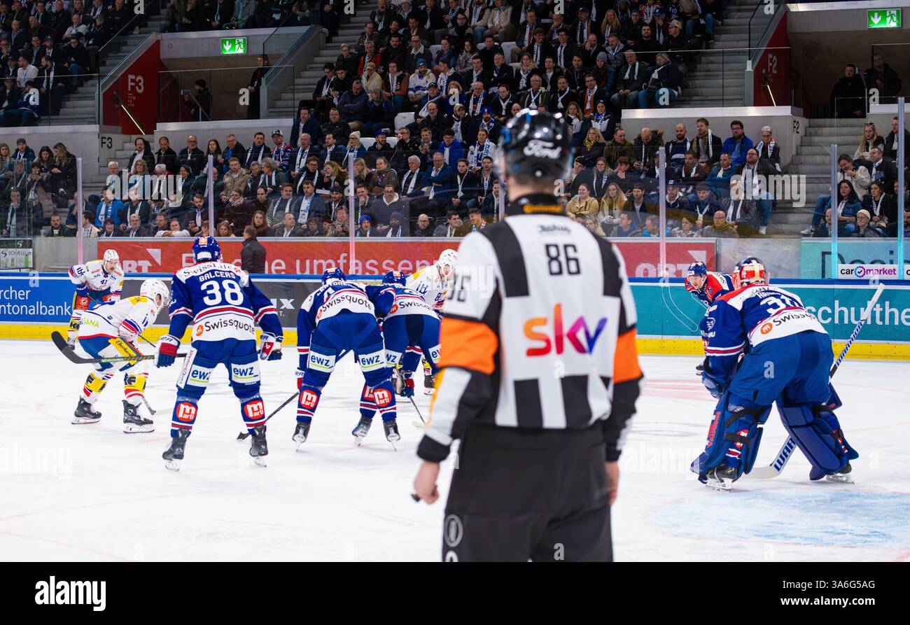 Zurich, Switzerland, 13th Mar 2025: A face-off takes place in the ZSC ...