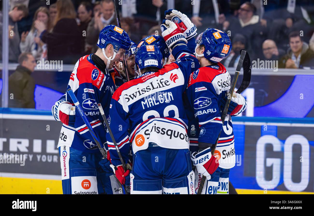 Zurich, Switzerland, 13th Mar 2025: The ZSC Lions players celebrate ...