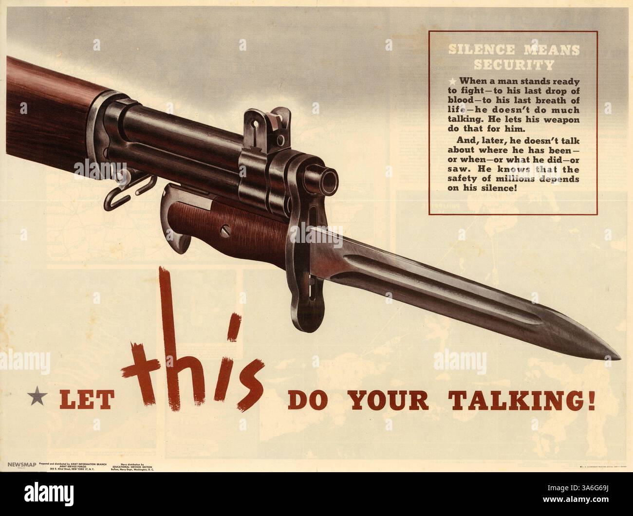 A 1944 poster featuring a bayonet with the message 'silence means ...