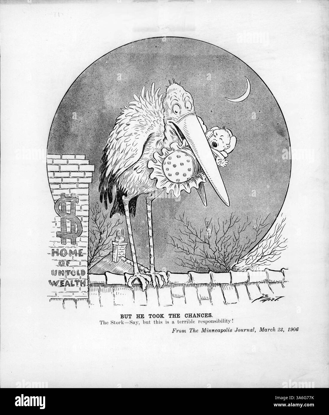 A political cartoon titled 'But He Took the Chances' depicts a stork ...