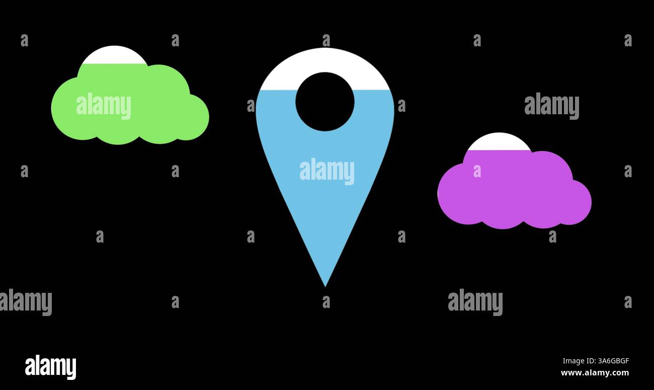 Colorful location pin icon with green and purple clouds on black ...