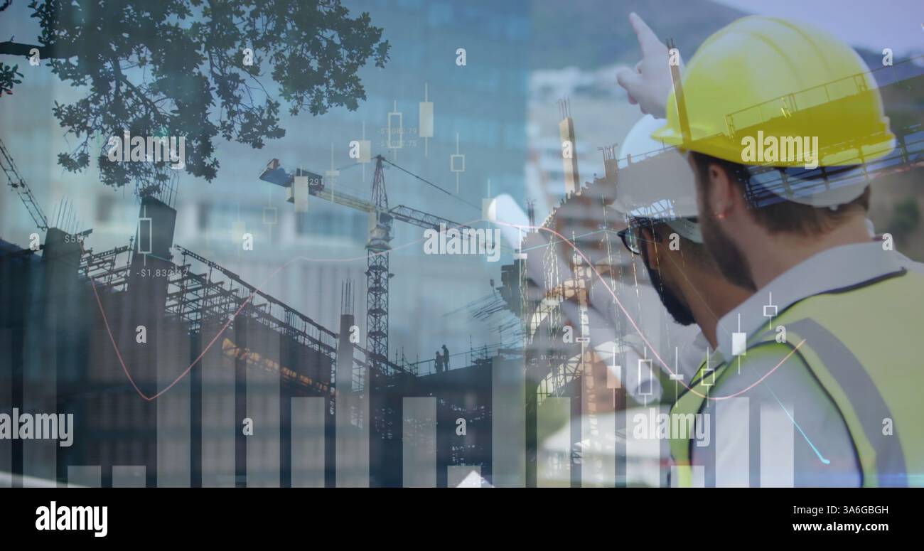 Analyzing building site, construction workers in safety gear using ...