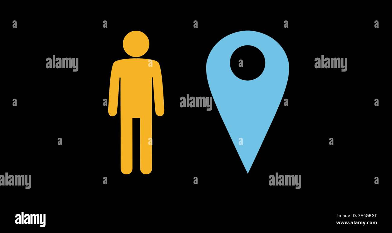 Yellow figure standing next to blue location pin on black background ...