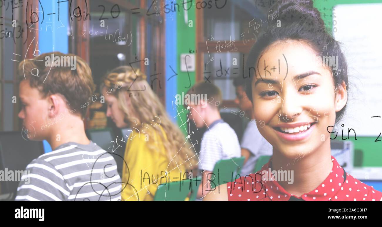 In school, smiling Asian girl with math equations on glass, classmates ...