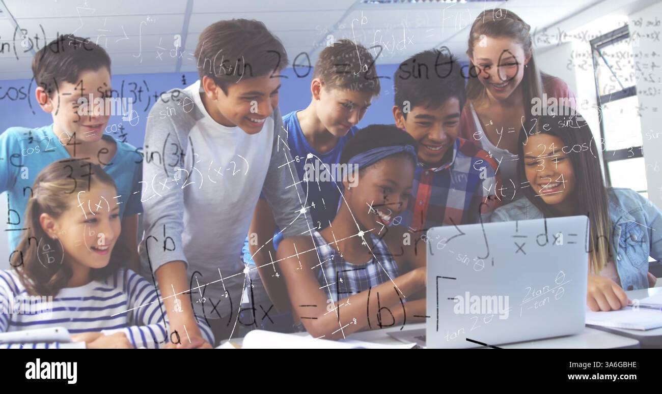 In school, diverse students collaborating on laptop, solving math ...