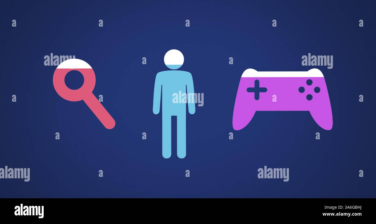 Magnifying glass, person icon, and game controller on blue background ...