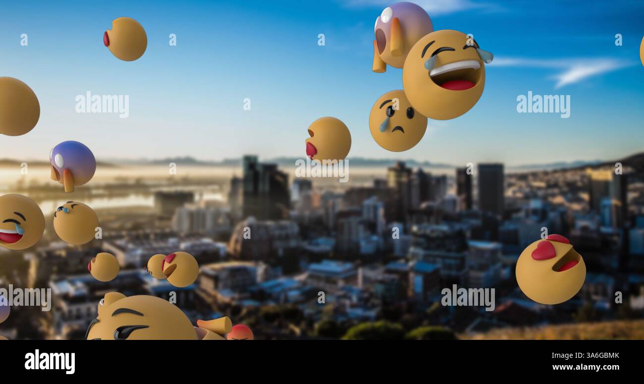 Emojis floating over cityscape at sunrise, expressing various emotions ...