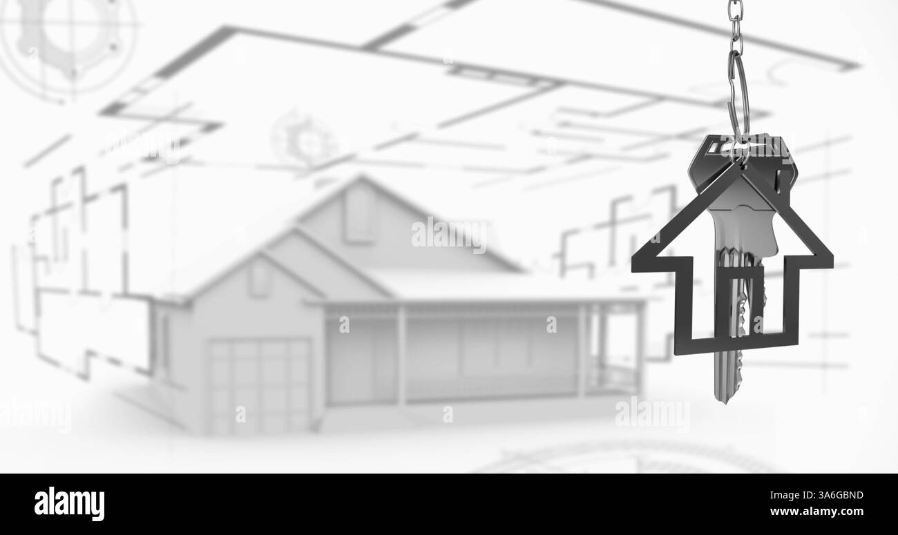 House-shaped keychain with key hanging over architectural blueprint of ...