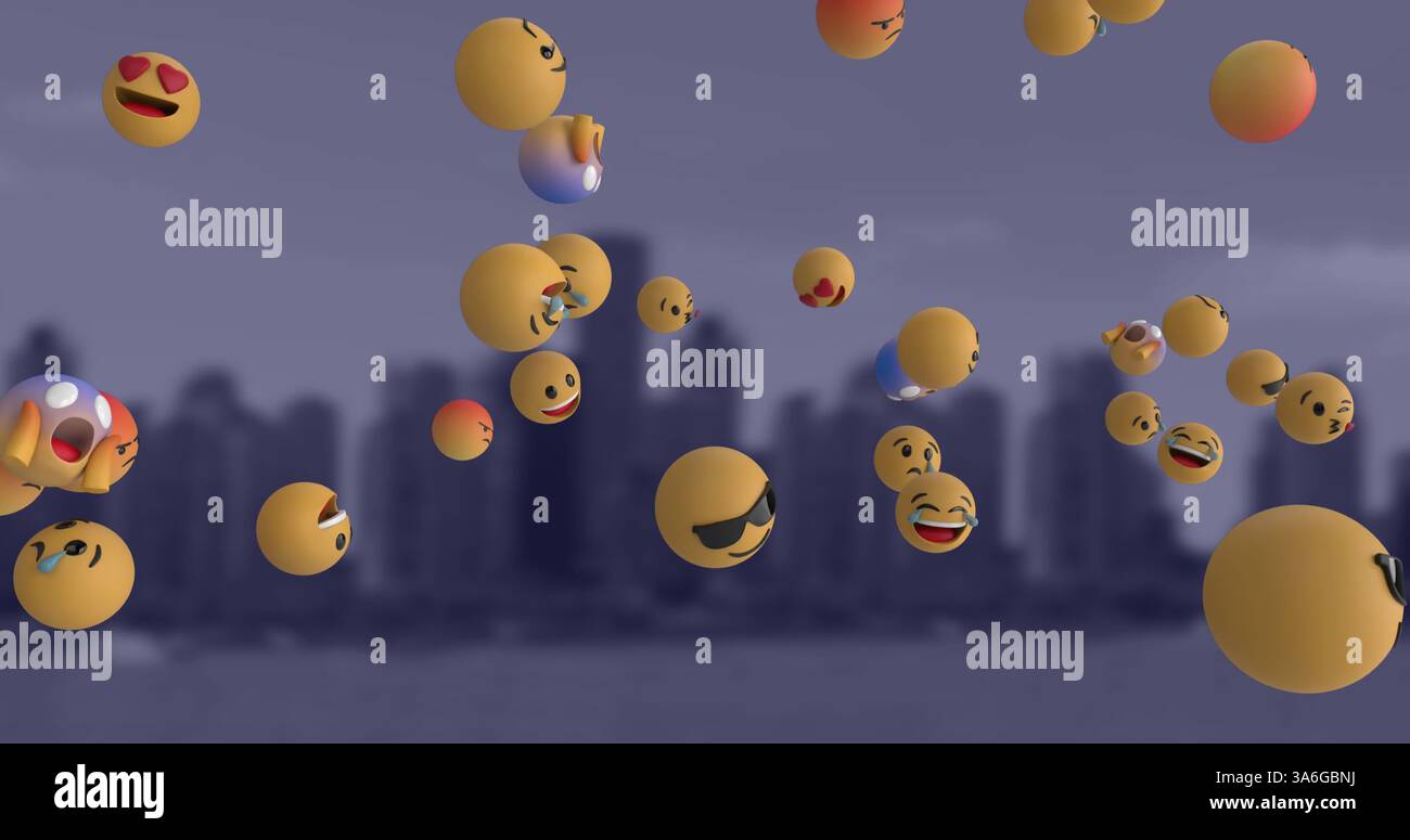 Floating emojis expressing various emotions against city skyline in ...