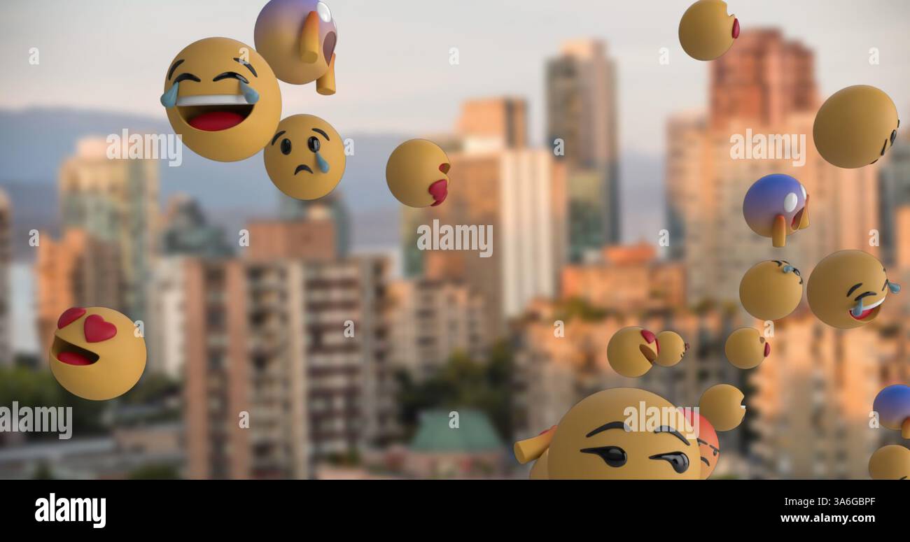 Floating emojis expressing various emotions over city skyline at sunset ...