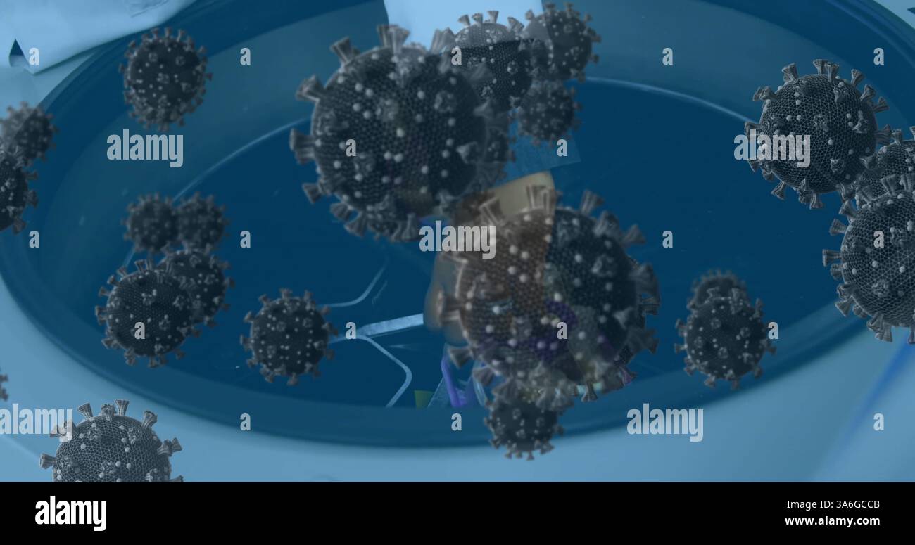 Floating virus particles under microscope in laboratory setting for ...
