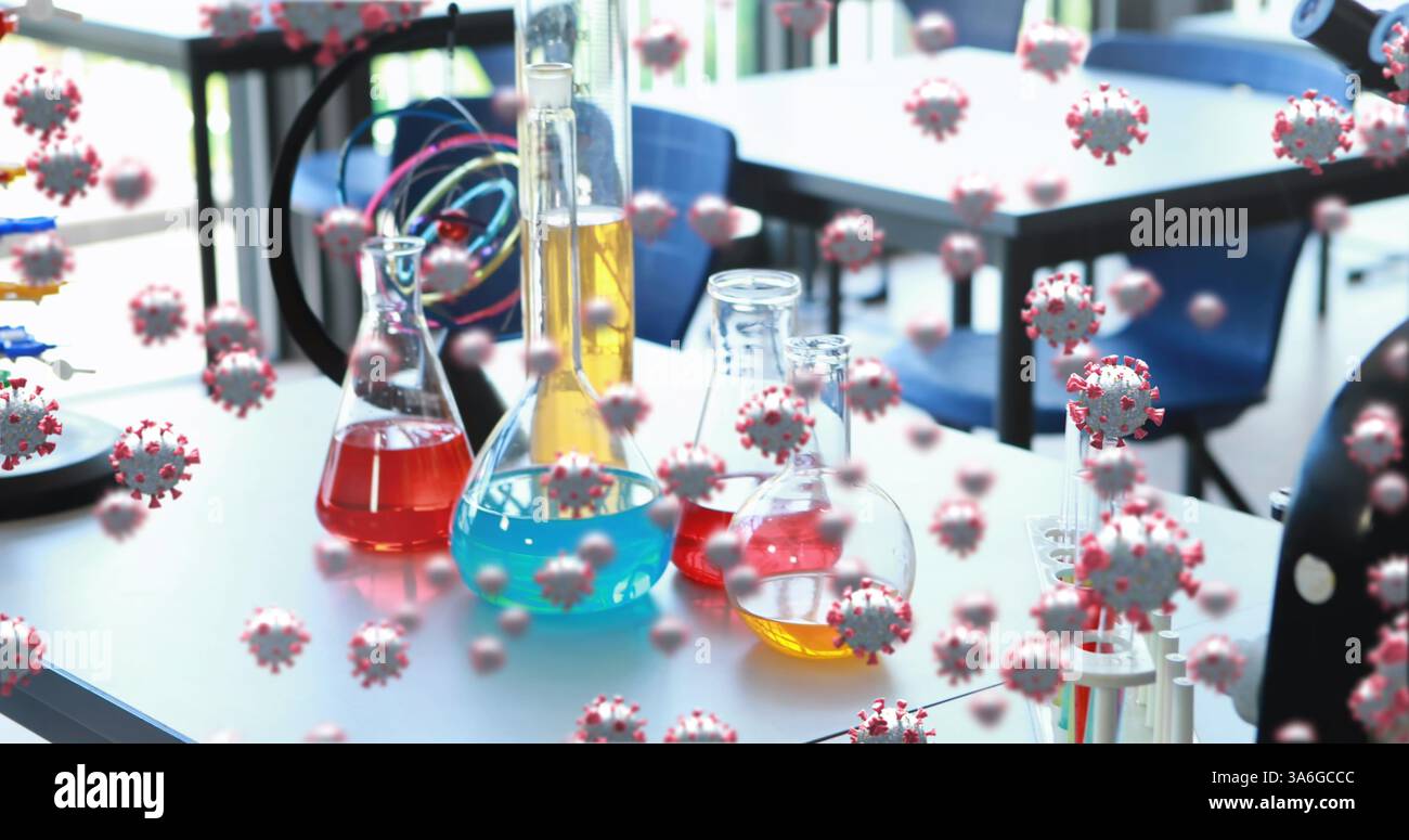 Laboratory with colorful chemical flasks surrounded by digital virus ...