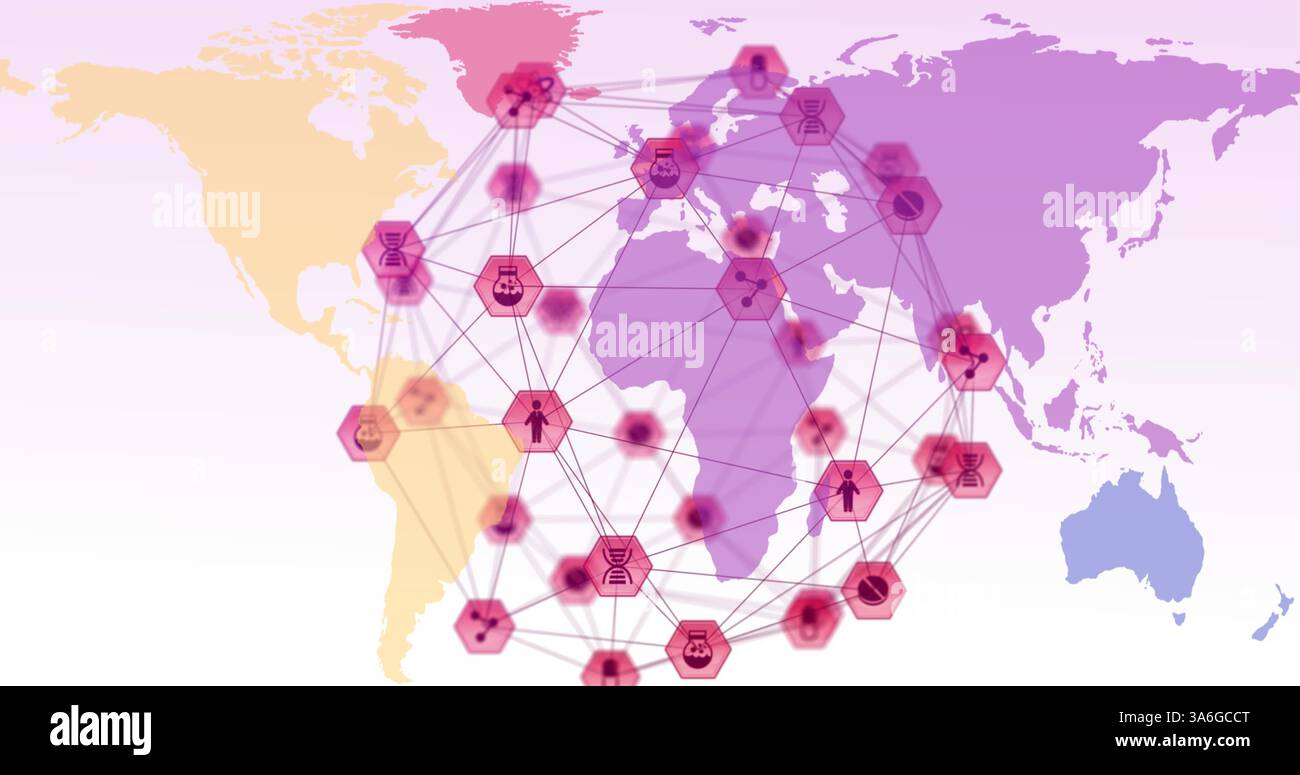 Digital icons overlaying world map illustrating global technology ...