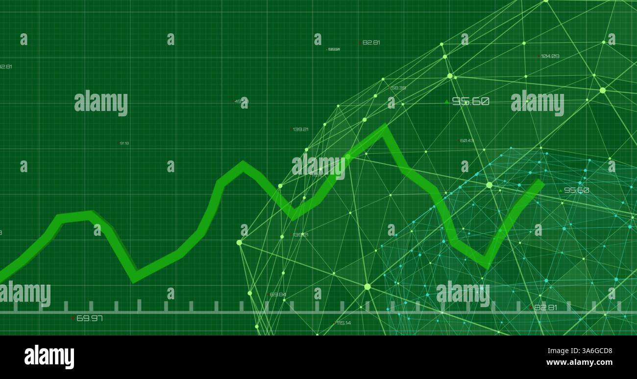 Rising trend line in green digital graph with network connections for ...