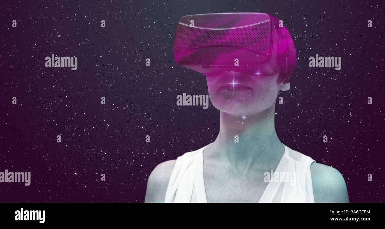 Woman with VR headset exploring virtual space, surrounded by stars ...