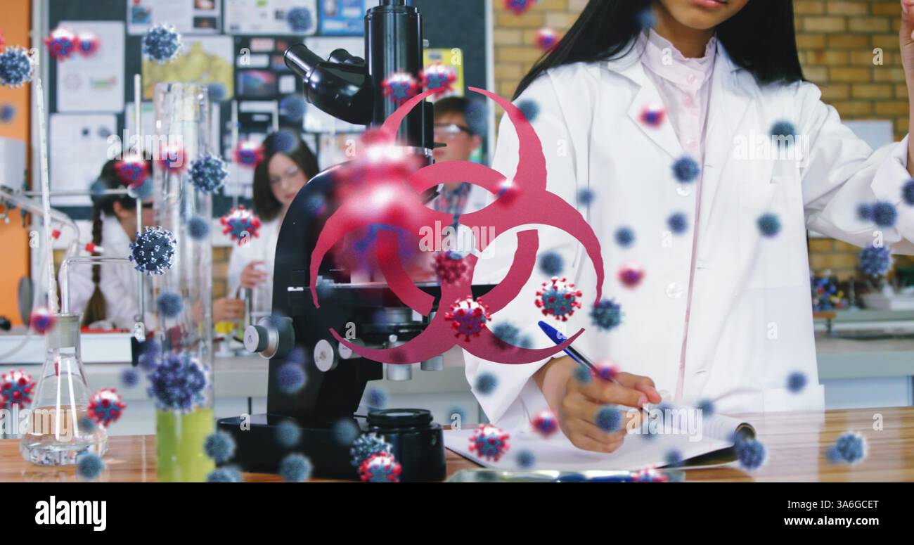 Scientists in lab coats conducting research with microscope and virus ...