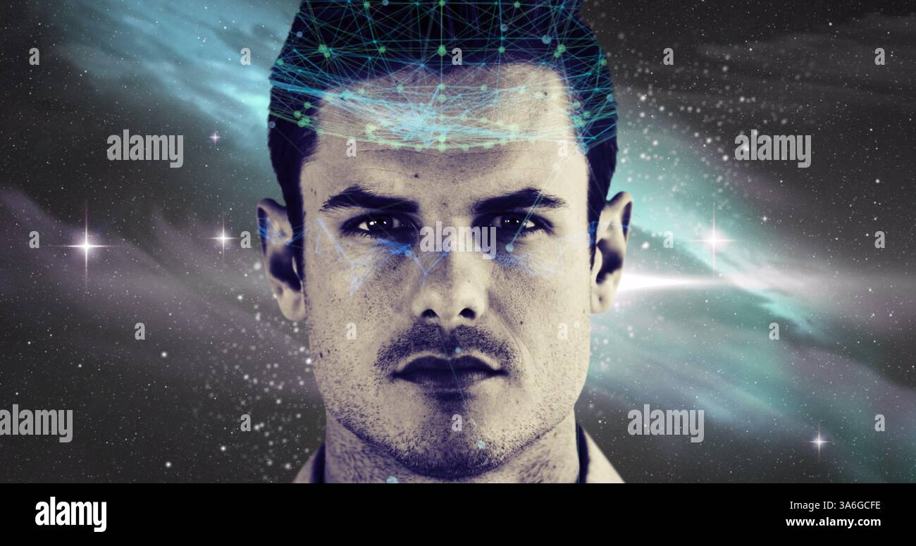 Contemplating with digital network overlay on face, man in cosmic background. Technology ...