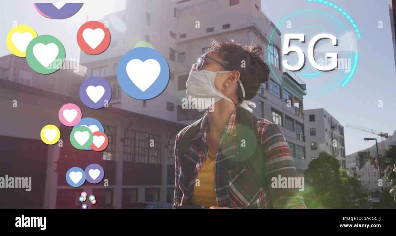 Asian woman wearing mask outdoors surrounded by digital 5G icons and ...