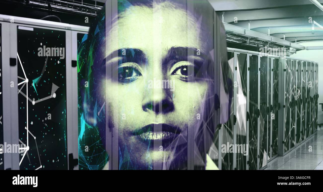Blending human face with futuristic server room, depicting AI integration concept. Technology ...