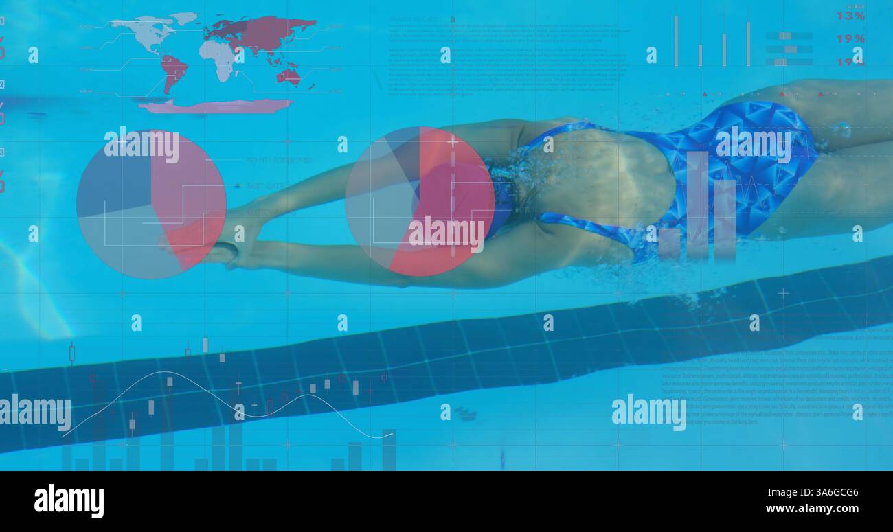 Swimmer in pool surrounded by digital graphs and charts, illustrating ...