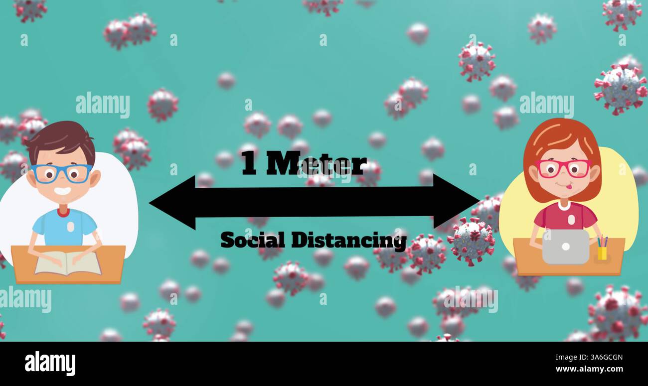 Cartoon characters practicing social distancing, studying and working ...