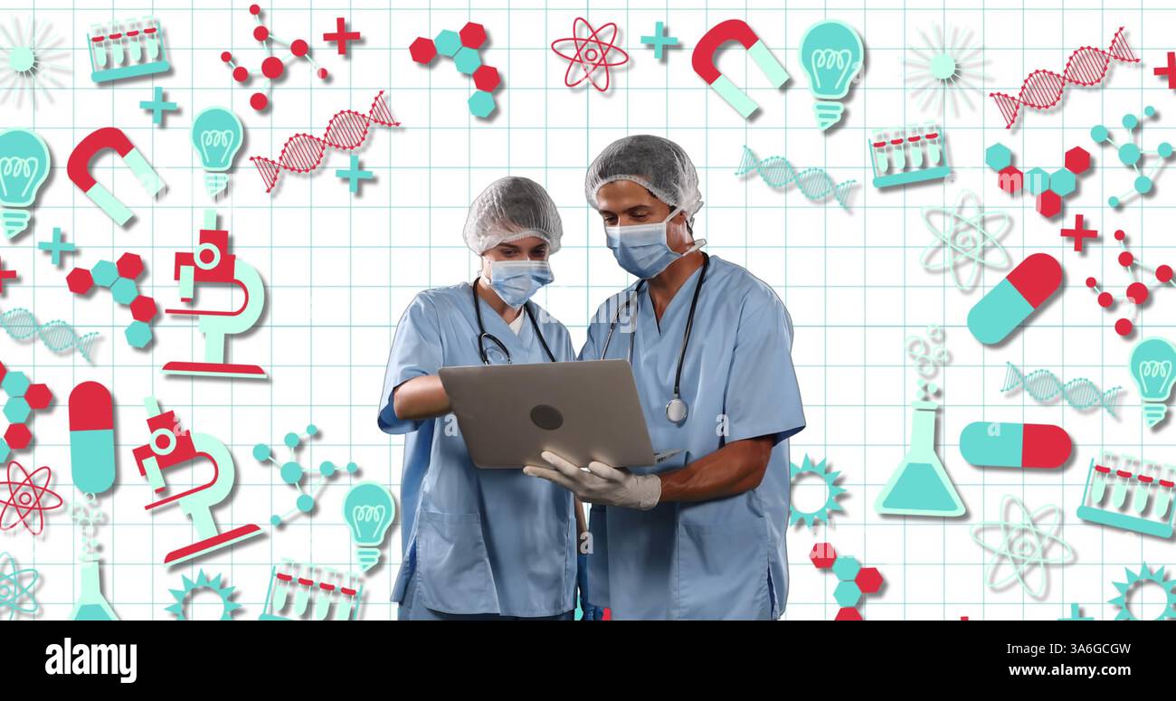 Medical professionals in scrubs using laptop, collaborating on ...
