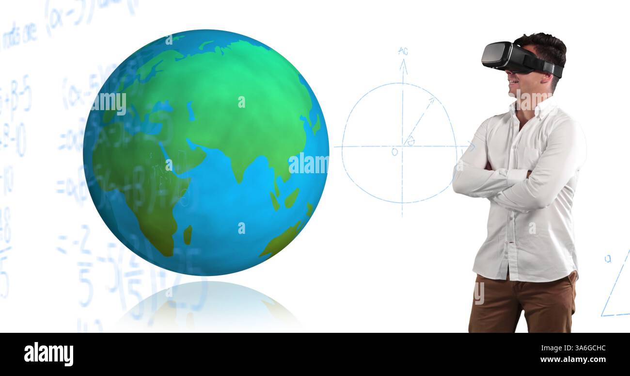 Using VR headset, man explores virtual globe with mathematical equations behind him. Technology ...