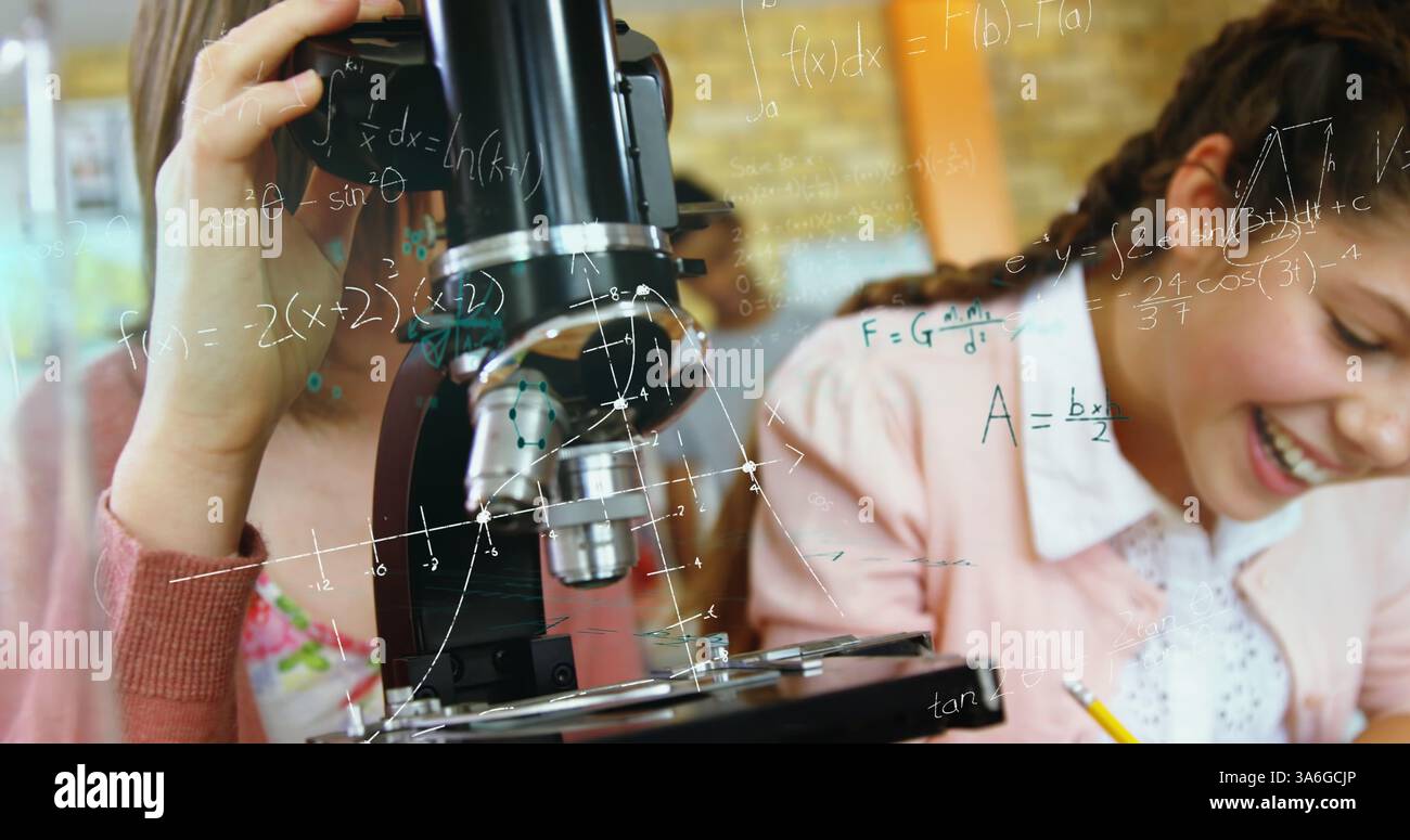 In school, students using microscope and laughing, enjoying science class activities. Education ...