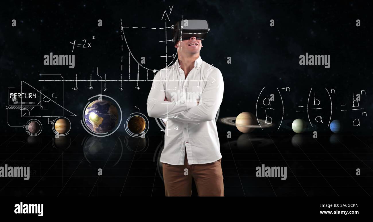 Using VR headset, man exploring virtual solar system and mathematical ...