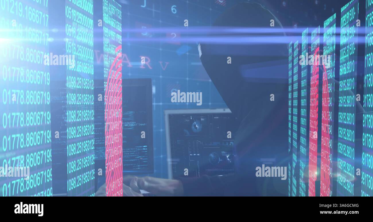 Hacker In Dark Room Typing On Keyboard Surrounded By Digital Code Screens Cybersecurity