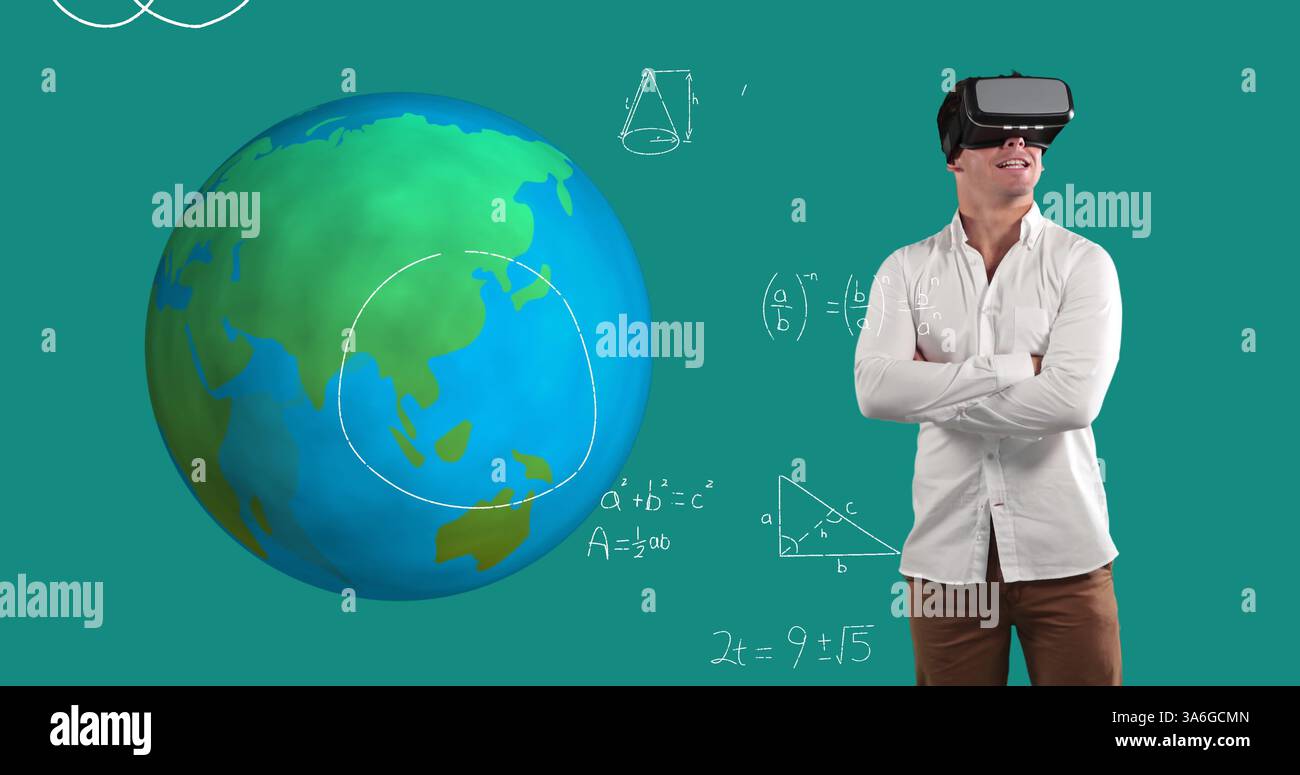 Man Using Vr Headset Exploring Virtual Globe With Mathematical Equations Virtual Reality
