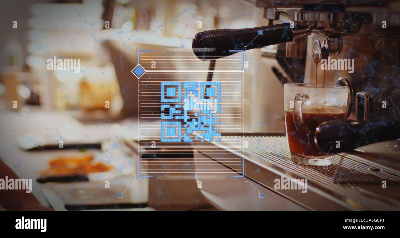 QR code overlaying coffee machine, illustrating digital payment in ...