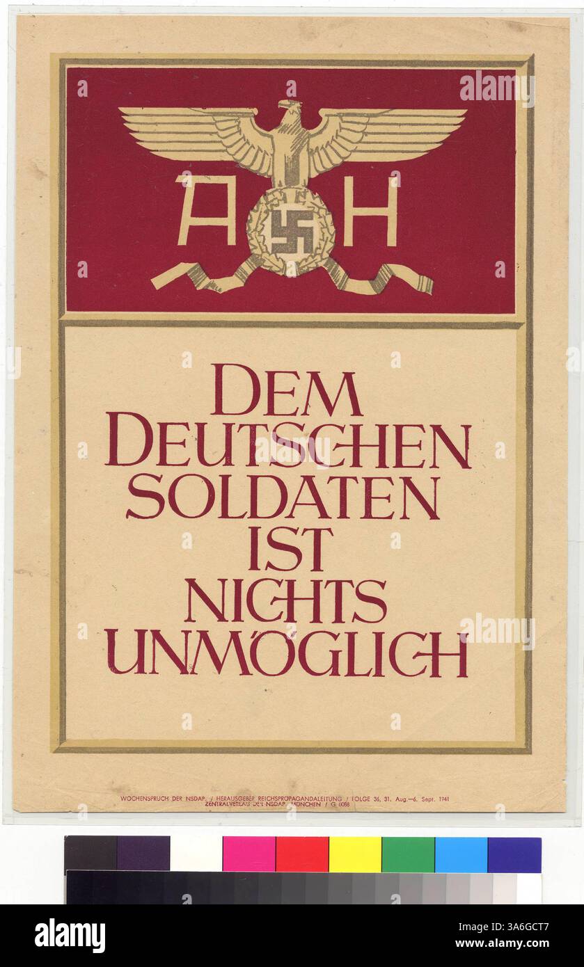 A propaganda poster from World War II featuring a Nazi eagle with a ...