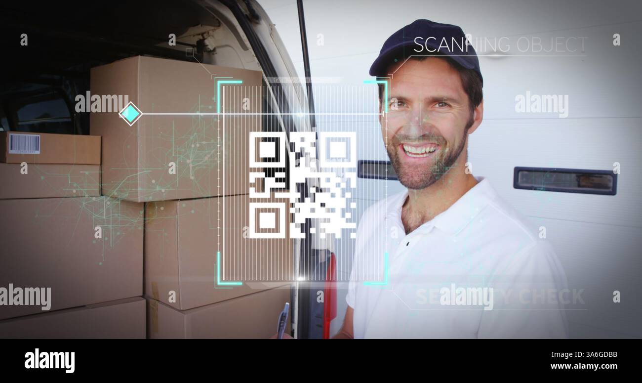 Image of digital interface with qr code being scanned over male ...