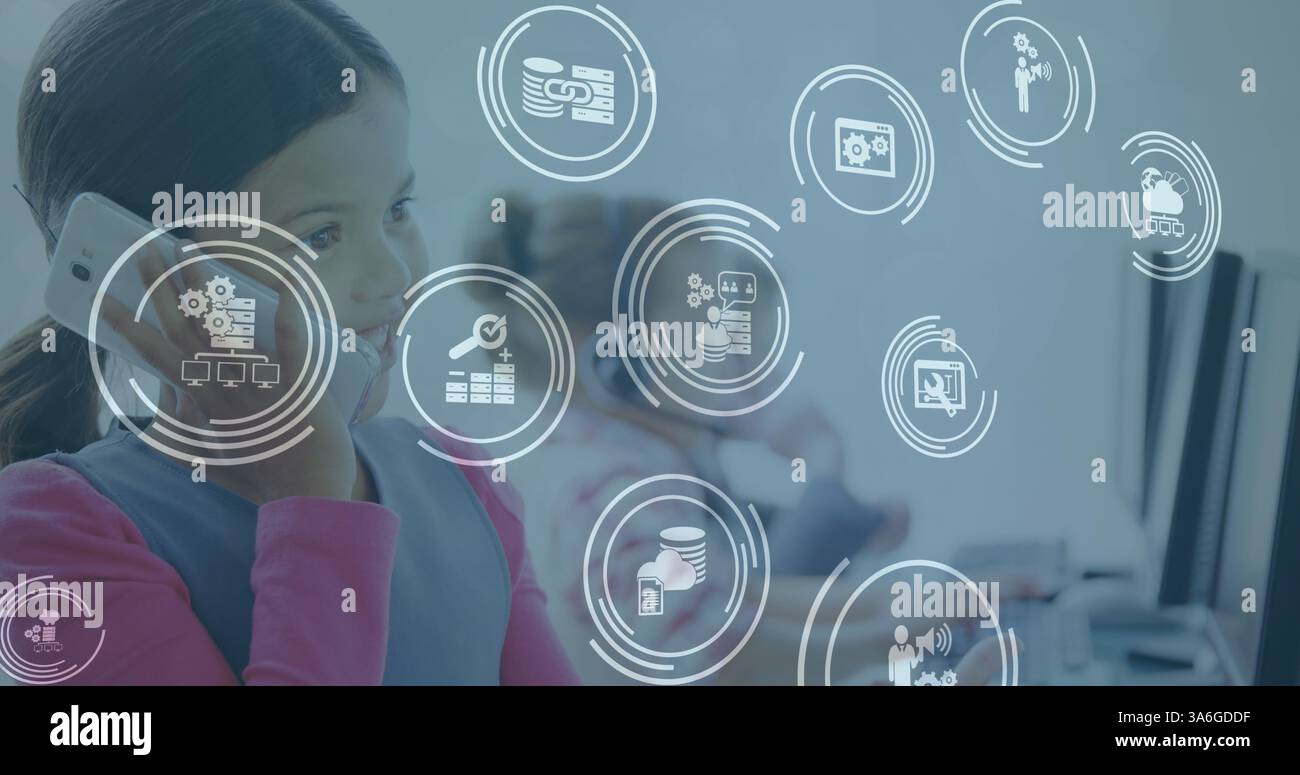 In school, child using smartphone with digital interface icons ...