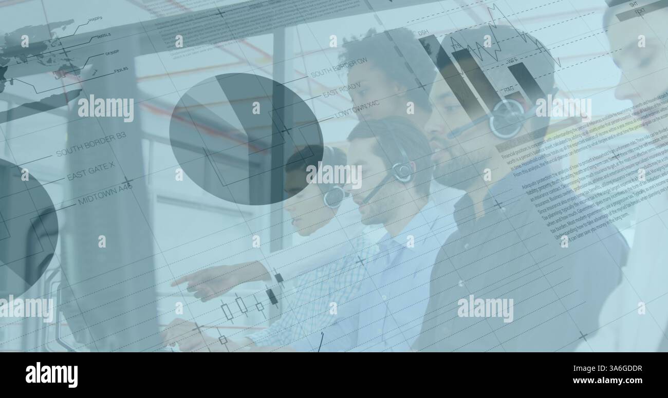 Customer service team using headsets and digital interfaces in modern ...