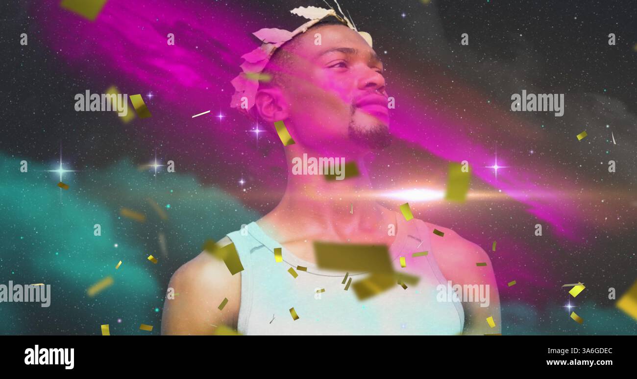 Surrounded by digital effects and colorful confetti, confident man ...