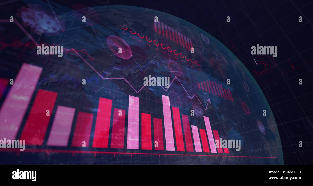 Global data visualization showing fluctuating graphs and charts on digital screen. Analytics ...